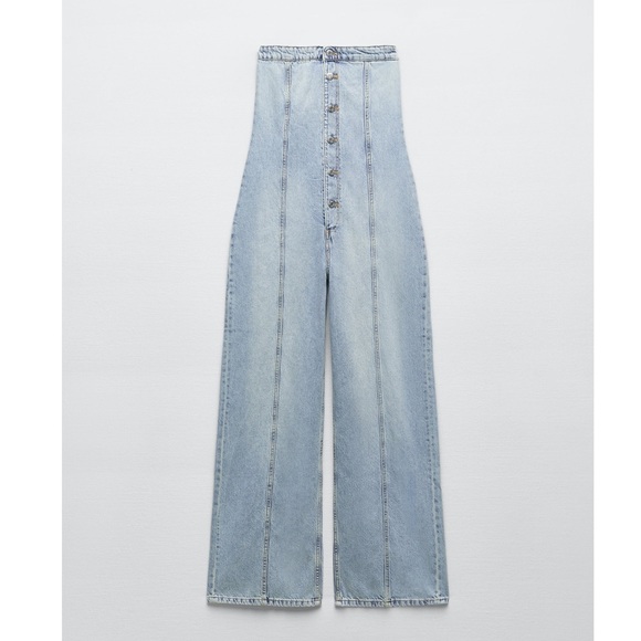 Zara | Pants & Jumpsuits | Zara Trf Strapless Denim Jumpsuit | Poshmark